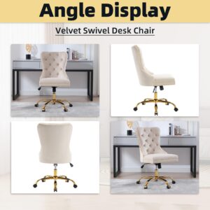 ABET Desk Chair with Wheels, Velvet Gold Office Chair Armless Swivel Chair with Tufted High Back Rivet Trim, Comfy Upholstered Ergonomic Computer Chair for Bedroom, Beige