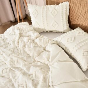 phf boho duvet cover queen size, soft tufted duvet cover set for all seasons, 3 pieces textured shabby chic bedding set with 2 pillowcases, snow white, 90" x 90"