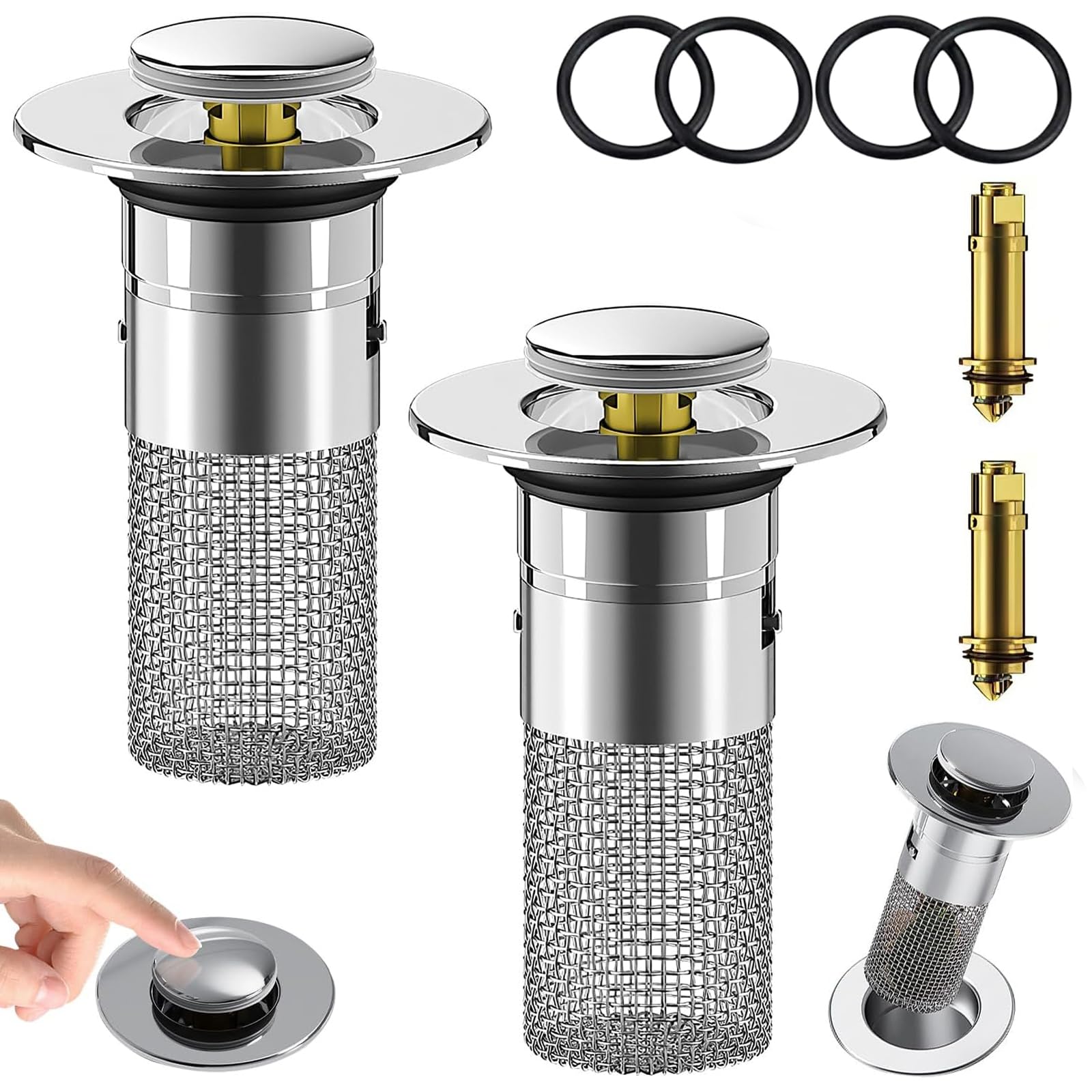 2Pcs Bathroom Sink Stopper Hair Catcher, Pop Up Sink Drain Filter with Removable Stainless Steel Filter Basket Hair Catcher, for US Bathroom Sink Stopper Replacement.