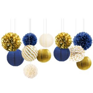 nicrolandee navy blue and gold decorations, 12pcs hanging paper lanterns tissue pom poms decor for graduation party, winter wedding, mens birthday, memorial day decorations, new years party supplies