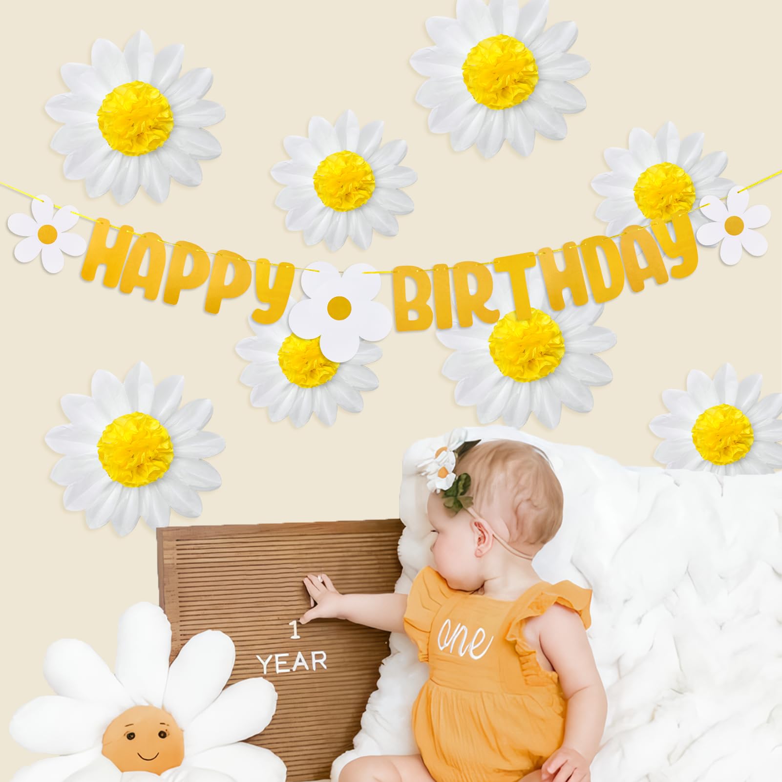 Daisy Birthday Decorations Daisy Tissue Pom Poms White Yellow Paper Flowers Wall Hanging Decorations with Daisy Birthday Banner for 1st Birthday Bridal Baby Shower Wedding Classroom Décor