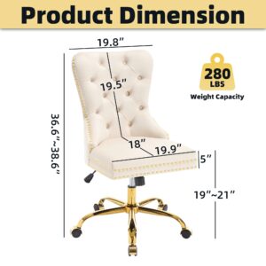 ABET Desk Chair with Wheels, Velvet Gold Office Chair Armless Swivel Chair with Tufted High Back Rivet Trim, Comfy Upholstered Ergonomic Computer Chair for Bedroom, Beige