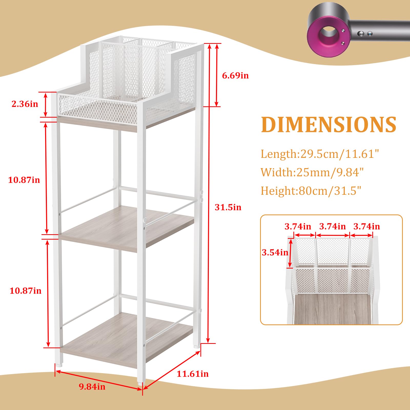 Yuyetuyo Hair Tool Organizer Bathroom Storage Shelf 3-Tier Hair Dryer Holder with 3 Grids - Makeup Organizer Slim Floor Stand, Cosmetic Shelf Flat/Curling Irons Hair Straighteners Holder -White