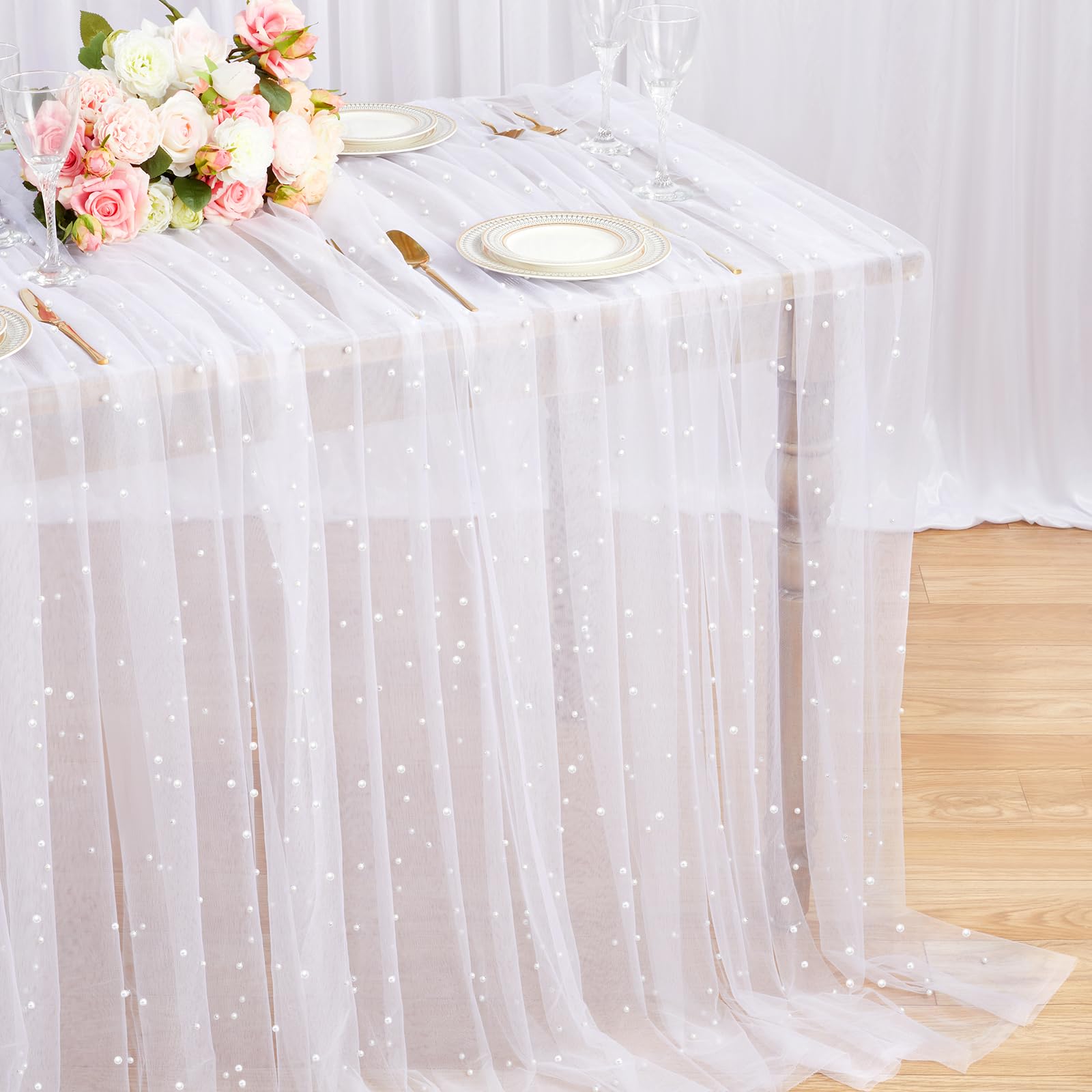 White Tulle Fabric Pearl Table Runner, Wedding Table Runner Decor Lace Table Cloth Wedding Arch Decorations Tulle Ribbon 5 Yards Lace Dessert Tablecloth Table Cover for Birthday Party Bridal Shower