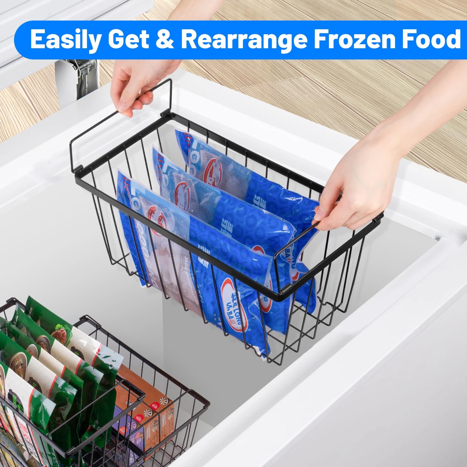 Wetheny Freezer Organizer Bins With Side Handle -4 Pack Stackable Chest Freezer Organizer for 7 Cu.FT - Deep Freezer Sort Frozen Food Wire Metal Basket Storage Bins Rack