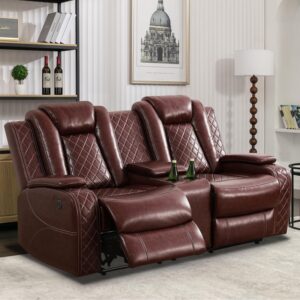 caberryne power recliner sofa set with led lights,leather reclining loveseat with double recliner/usb port/storage console/cup holder,living room furniture for house/home theater(loveseat,wine red)