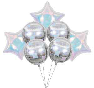 iridescent disco party foil balloons with clear star balloons 4d silver aluminum balloons,for birthday, bachelorette party, 70s 80s theme last disco party decorations supplies (transparent 4+3)