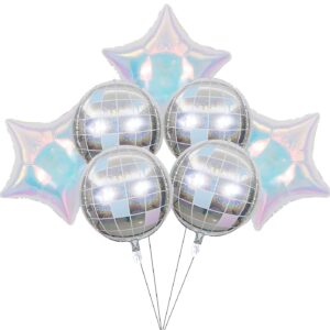 Iridescent Disco Party Foil Balloons With Clear Star Balloons 4D Silver Aluminum Balloons,for Birthday, Bachelorette Party, 70s 80s Theme Last Disco Party Decorations Supplies (Transparent 4+3)