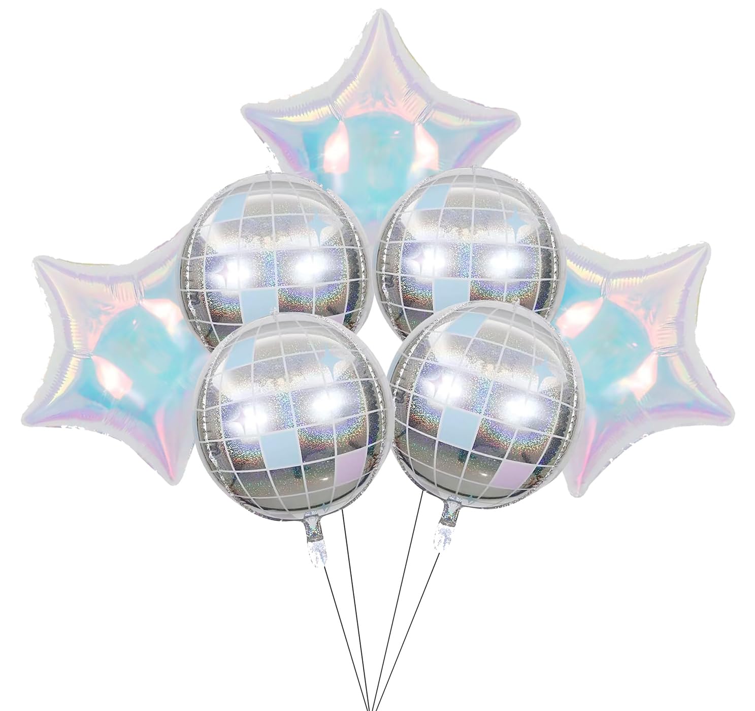 Iridescent Disco Party Foil Balloons With Clear Star Balloons 4D Silver Aluminum Balloons,for Birthday, Bachelorette Party, 70s 80s Theme Last Disco Party Decorations Supplies (Transparent 4+3)