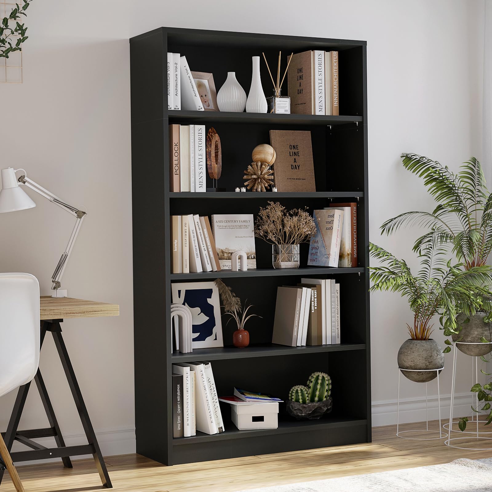 Farini 5-Shelf Bookshelf,Free Standing Bookcase for Home Office,Black