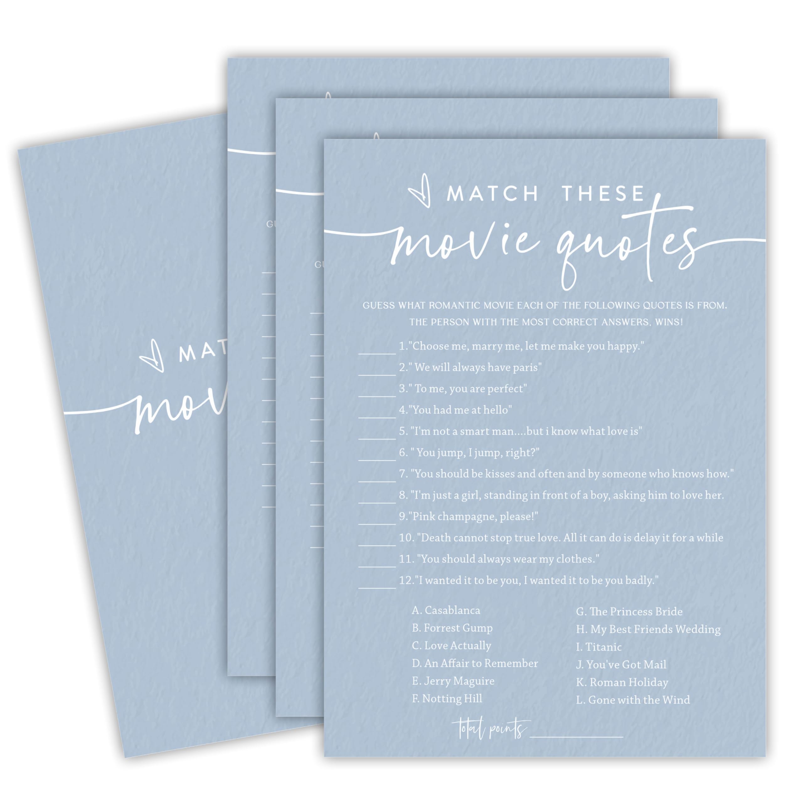 EXW Elegant Blue Bridal Shower Game Cards - Match These Movie Quotes - Engagement Party Cards, Newlyweds Party Decorations, Bridal Shower Game Supplies (30 Game Cards & 1 Answer Card) - A09