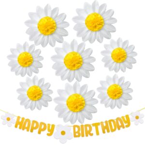 daisy birthday decorations daisy tissue pom poms white yellow paper flowers wall hanging decorations with daisy birthday banner for 1st birthday bridal baby shower wedding classroom décor