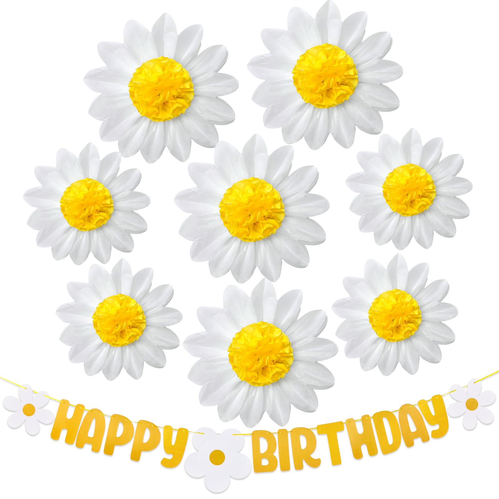 Daisy Birthday Decorations Daisy Tissue Pom Poms White Yellow Paper Flowers Wall Hanging Decorations with Daisy Birthday Banner for 1st Birthday Bridal Baby Shower Wedding Classroom Décor