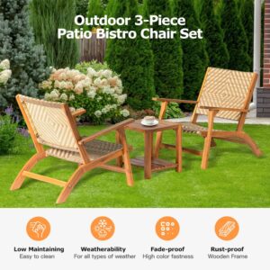 Panana 3 Pieces Patio Furniture Set Acacia Wood Side Table and PE Rattan Wicker Bistro Set Wooden Chairs for Outdoor, Deck, Porch, Poolside, Balcony