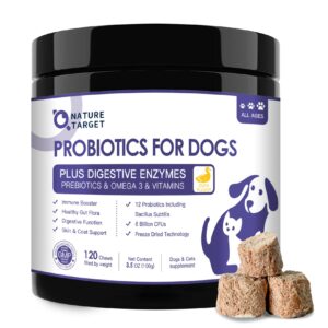 probiotics for dogs, duck flavored dog probiotics with prebiotics and digestive enzymes for dog gut health, vitamins and omega 3 for skin & coat & immune health, allergy itch relief, reduce diarrhea