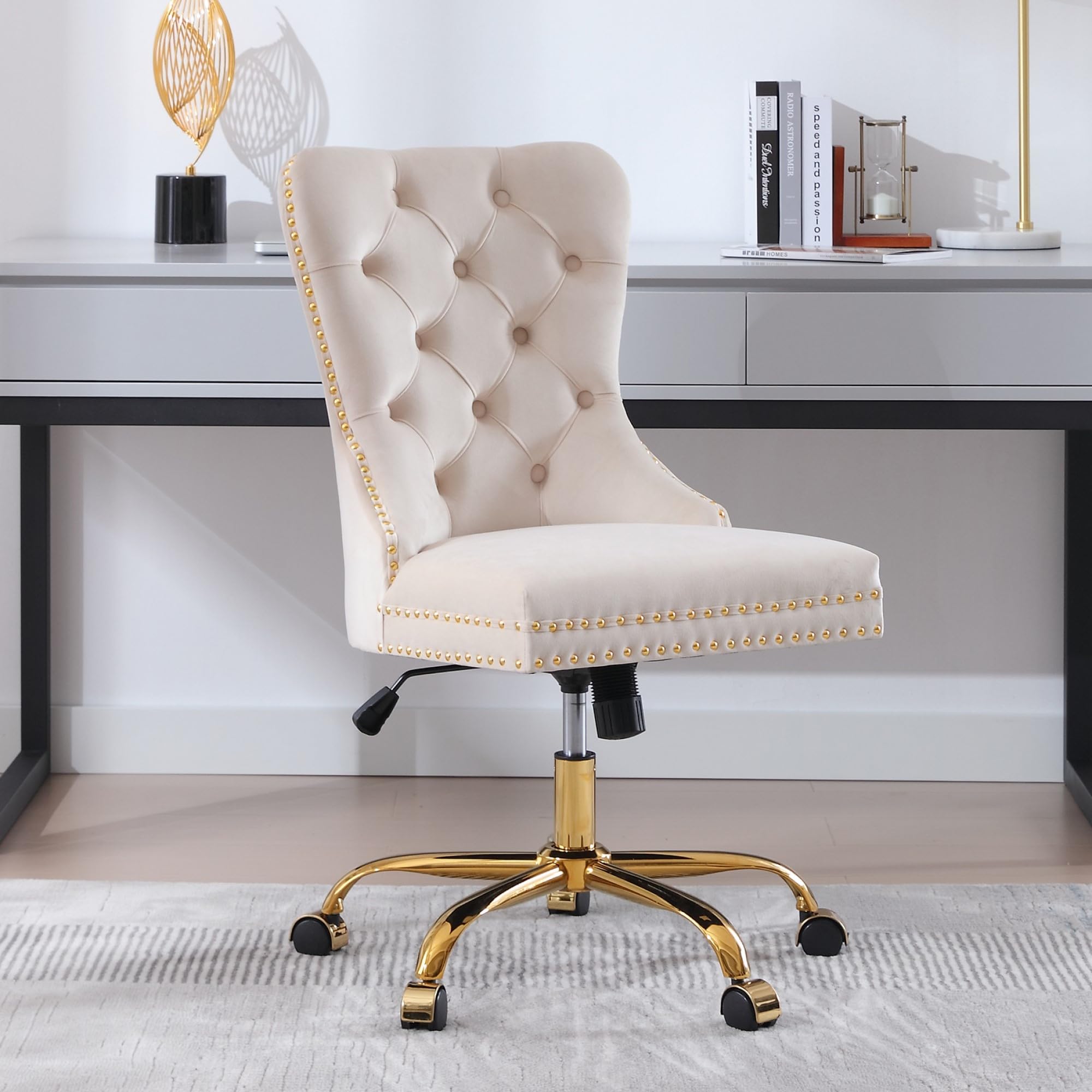 ABET Desk Chair with Wheels, Velvet Gold Office Chair Armless Swivel Chair with Tufted High Back Rivet Trim, Comfy Upholstered Ergonomic Computer Chair for Bedroom, Beige