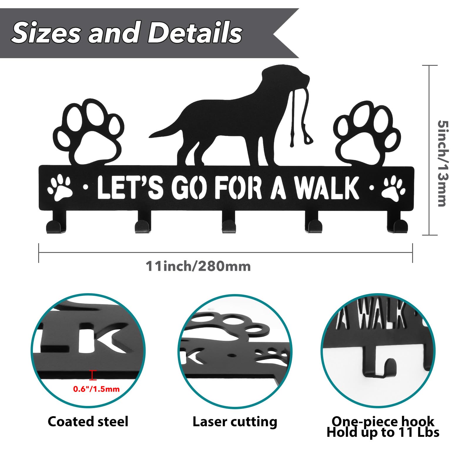 XSCQ 5-Hooks Dog Leash Holder for Wall,Doorway Dog Hooks for Wall,Dog Outdoor Stuffs Storager Rack for Hanging Dog Vest Harness,Leash,Collar,Keys,Dog Iron Leash Hooks for Wall (A-Black)