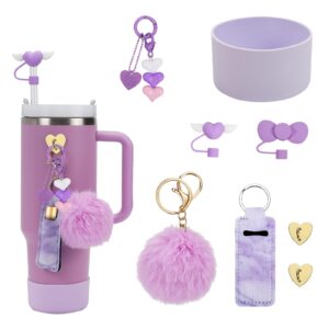 stanley cup accessories set, 1 pcs lipstick holder, 1 pcs silicone stanley cup boot, 2 pcs silicone straw cover, 2 pcs stanley charms for stanley cup 40oz & 30oz tumbler. (lilac)