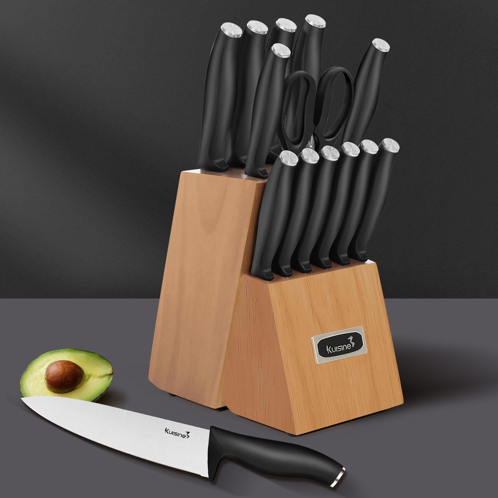 Kuisine Chef Knife Set,High Carbon Stainless Steel Ultra Sharp Blade Ergonomic Handle,Kitchen Knife Block Set with Built-in Sharpener, Elegant Gift for Holiday