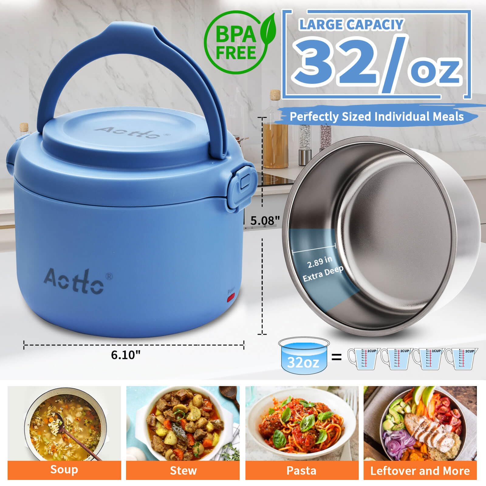 Aotto Electric Lunch Box: 32 oz Portable Food Warmer Heater - Lunch Warmer Portable for Work/Office, Warming Soup & Meal, Spill-Free, Men & Women's Gifts, Blue (110V-120V)