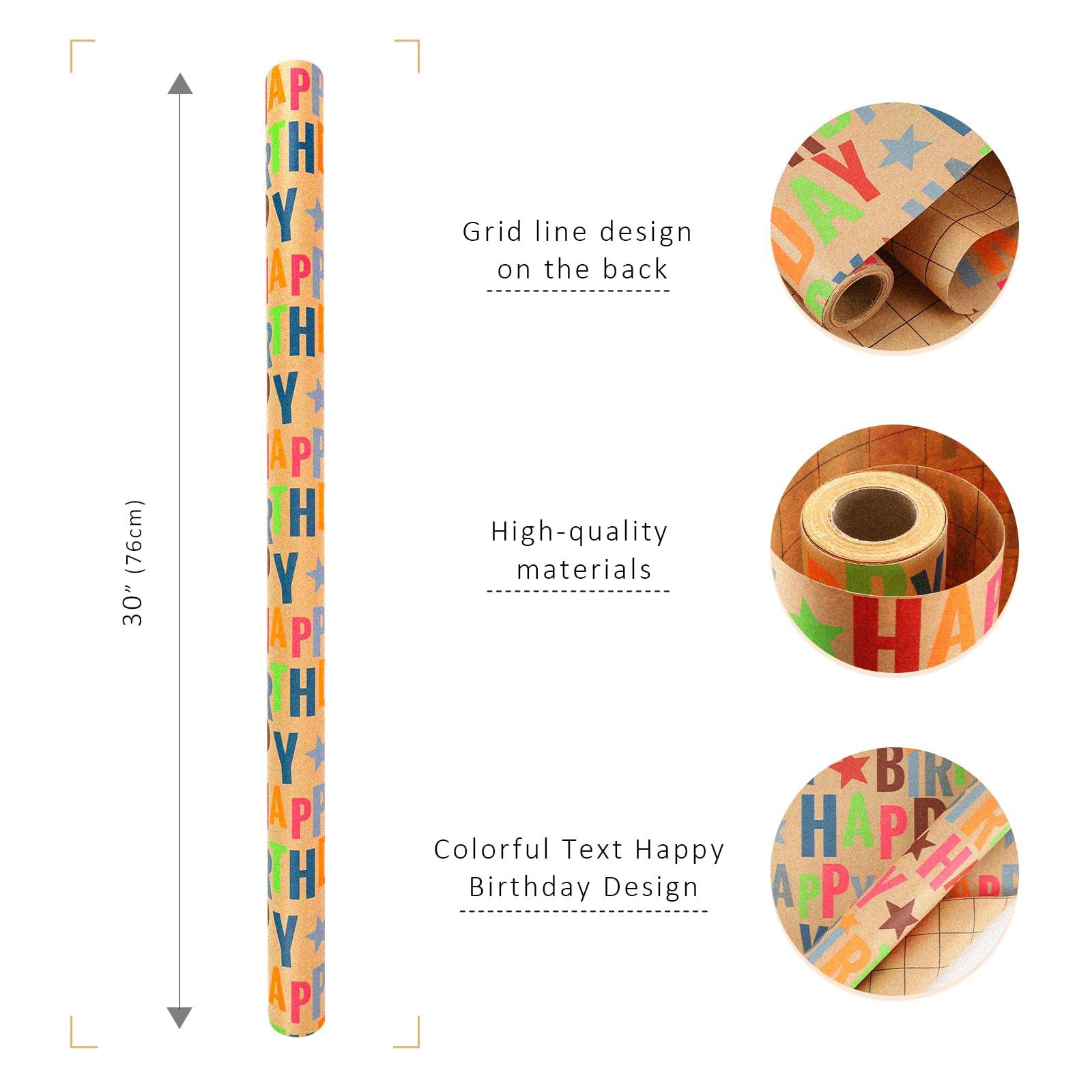 LaRibbons Birthday Wrapping Paper Roll for Kids, 30 Inch x 33 Feet (83 sq. ft. ttl.) Kraft Gift Wrap Paper with Colorful Text Happy Birthday Pattern for Baby Shower Holiday Party