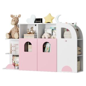 facbotall kids bookshelf in the shape of truck, 3-tier toy storage organizer with two doors, toddler bookcase and toy storage for living room, kindergarten, playroom, nursery, pink and white