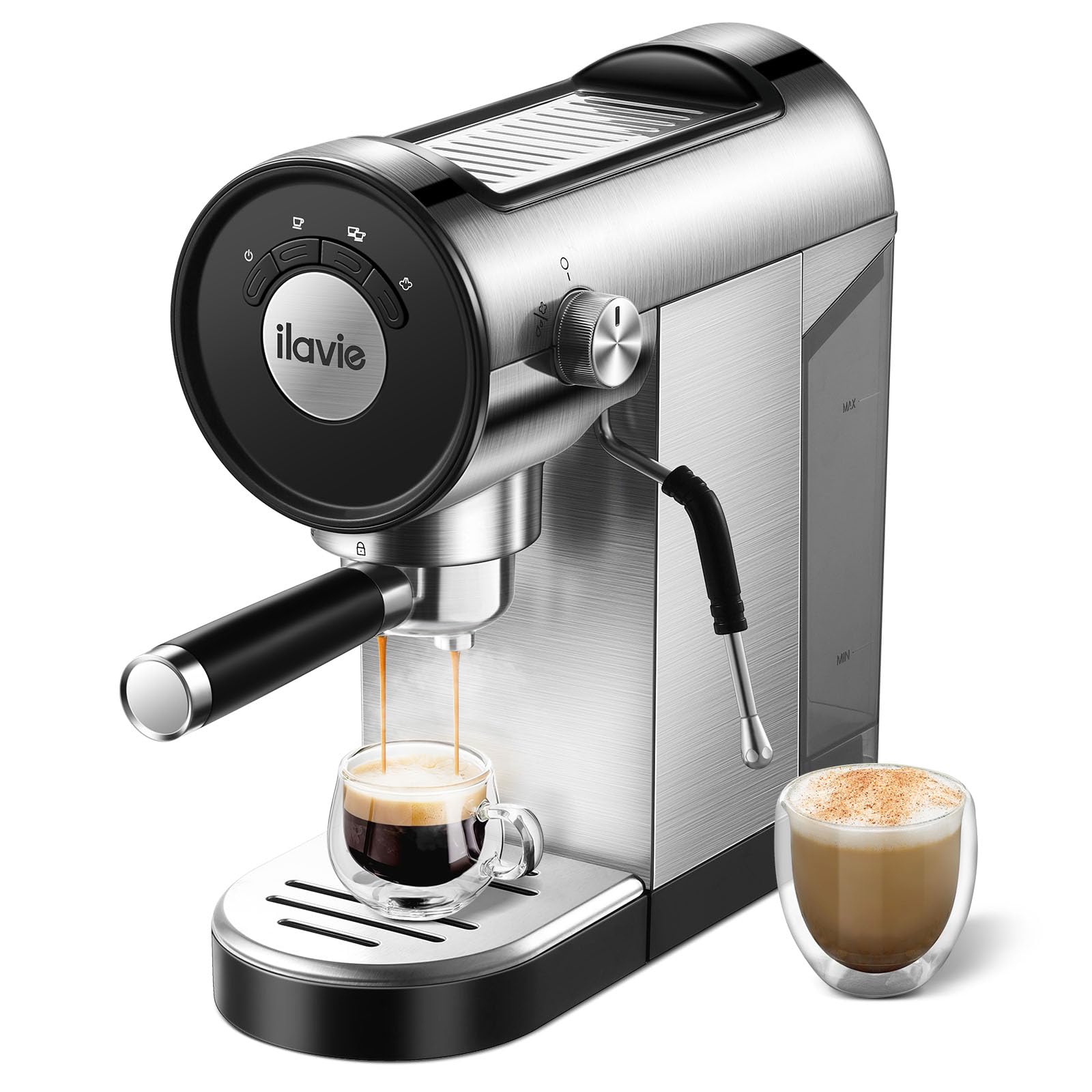 ILAVIE 20Bar Espresso Coffee Machine, Espresso Maker with Steamer for Cappuccino, Latte, Espresso Machine for Home Use, 900ml Removable Water Tank, Stainless Steel