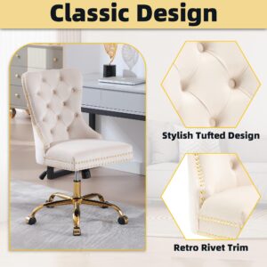 ABET Desk Chair with Wheels, Velvet Gold Office Chair Armless Swivel Chair with Tufted High Back Rivet Trim, Comfy Upholstered Ergonomic Computer Chair for Bedroom, Beige