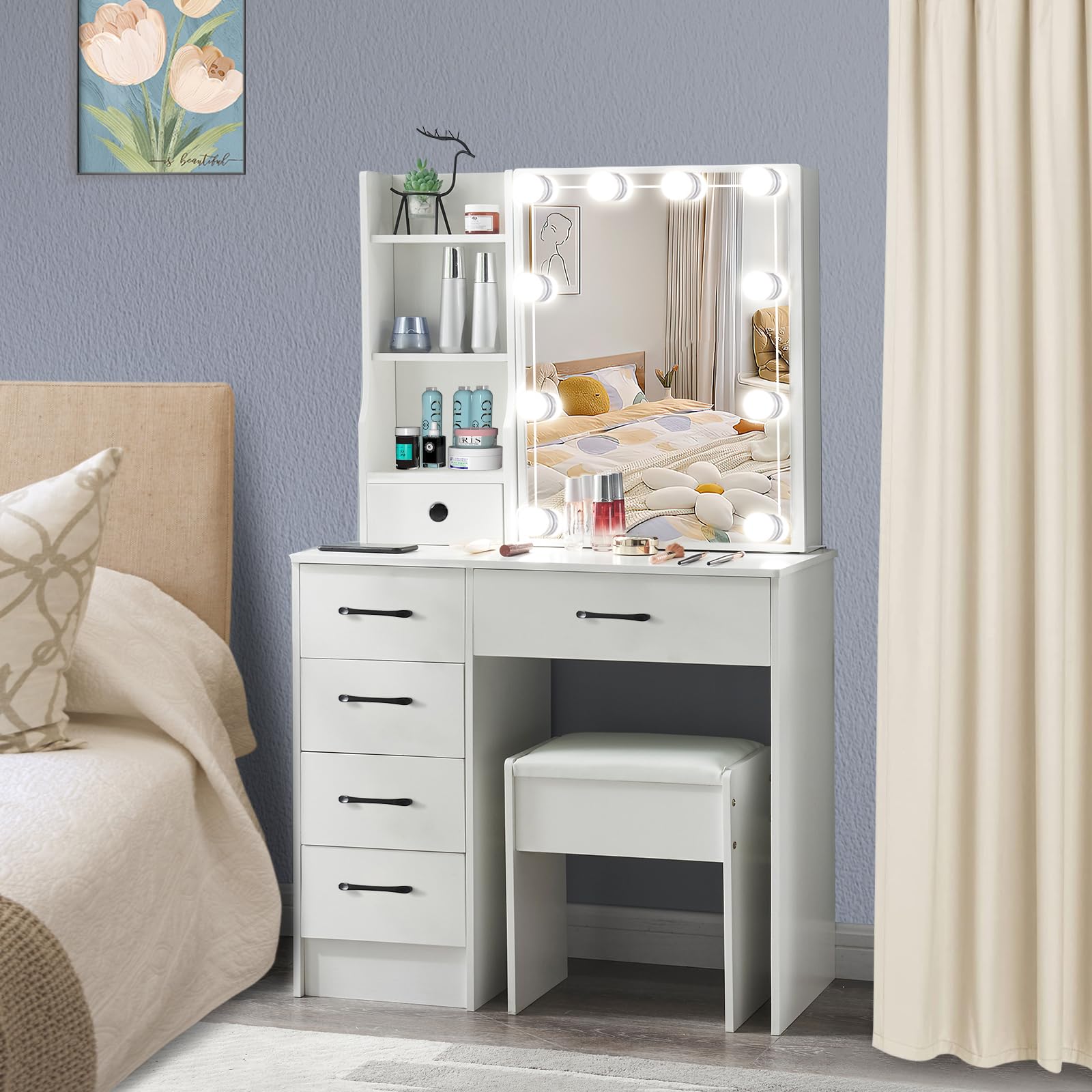 Makeup Vanity Desk with Mirror and Lights, White Vanity Table with Storage Drawers, Lighted Vanity Set with Chair/Stool, Girl's Dressing Table Makeup Desk Small, White Vanity 3056