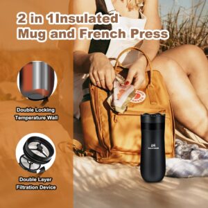 Portable French Press Travel Coffee Maker, Double Walled Stainless Steel Vacuum Insulated Coffee Maker and Tea Maker,12 Ounce, Mini Vacuum Mug Filter Coffee Cup for Travel (Black)