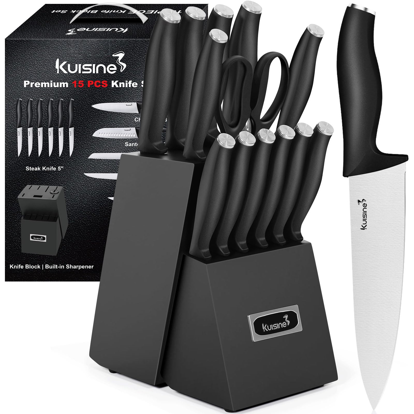 Kuisine Kitchen Chef Knife Block Set,High Carbon Stainless Steel Razor-Sharp Blade Ergonomic Handle,Knife Set Block with Built-in Sharpener,Elegant Gift(Black,15pcs)