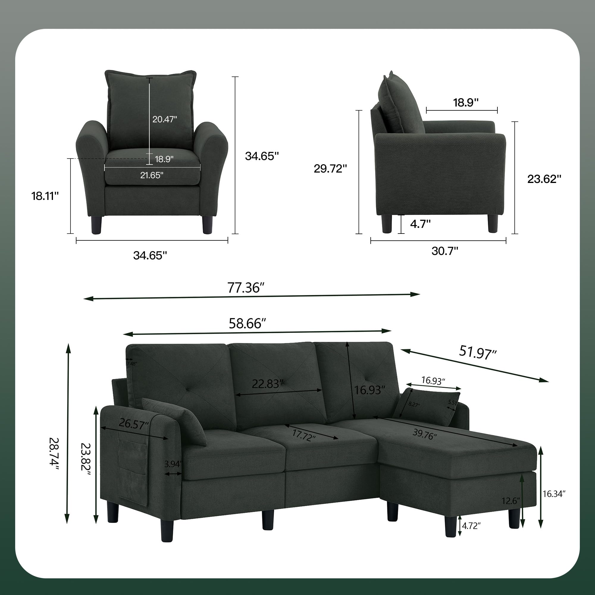 2 Piece Convertible Sectional Sofa Set for Living Room, 3-Seat L Shaped Couch with Ottoman Side Pocket Single Seat Accent Chair Polyester Fibre Black