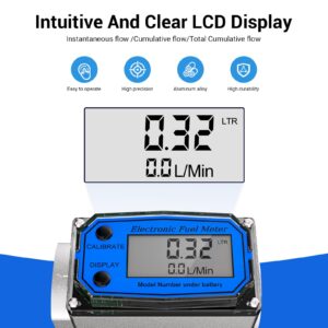 1 Inch Fuel Flow Meter with 3/4 in Adapters, Digital Turbine Flow Meter 2.5-31 GPM Inline NPT Thread Diesel Flow Meter LCD Display Water Flow Meter for Kerosene, Gas Oil, Gasoline, and Other Liquids