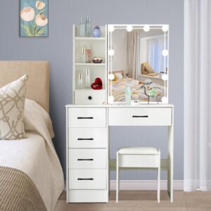 Makeup Vanity Desk with Mirror and Lights, White Vanity Table with Storage Drawers, Lighted Vanity Set with Chair/Stool, Girl's Dressing Table Makeup Desk Small, White Vanity 3056