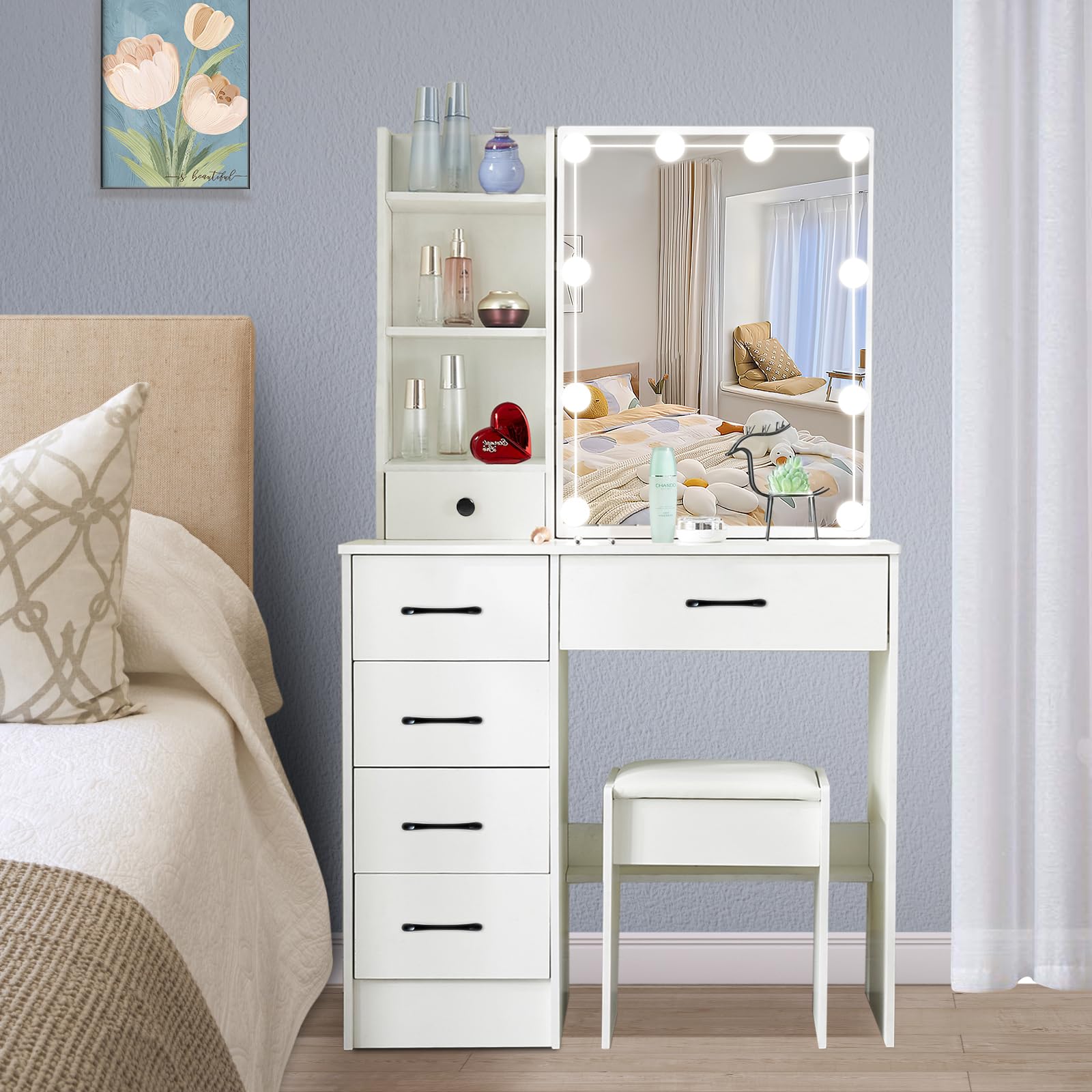 Makeup Vanity Desk with Mirror and Lights, White Vanity Table with Storage Drawers, Lighted Vanity Set with Chair/Stool, Girl's Dressing Table Makeup Desk Small, White Vanity 3056