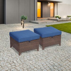 outdoor patio ottoman set of 2,wicker ottoman seat with comfy cushions, patio rattan furniture,outdoor ottoman foot rest with steel frame,all weather rattan wicker ottoman seat for backyard porch