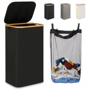 ycjyzlf large laundry hamper with lid and bamboo handles,tall collapsible laundry basket with lid and removable laundry bag,foldable clothes hampers for laundry,bedroom,dorm,towels,toys (100l,black)