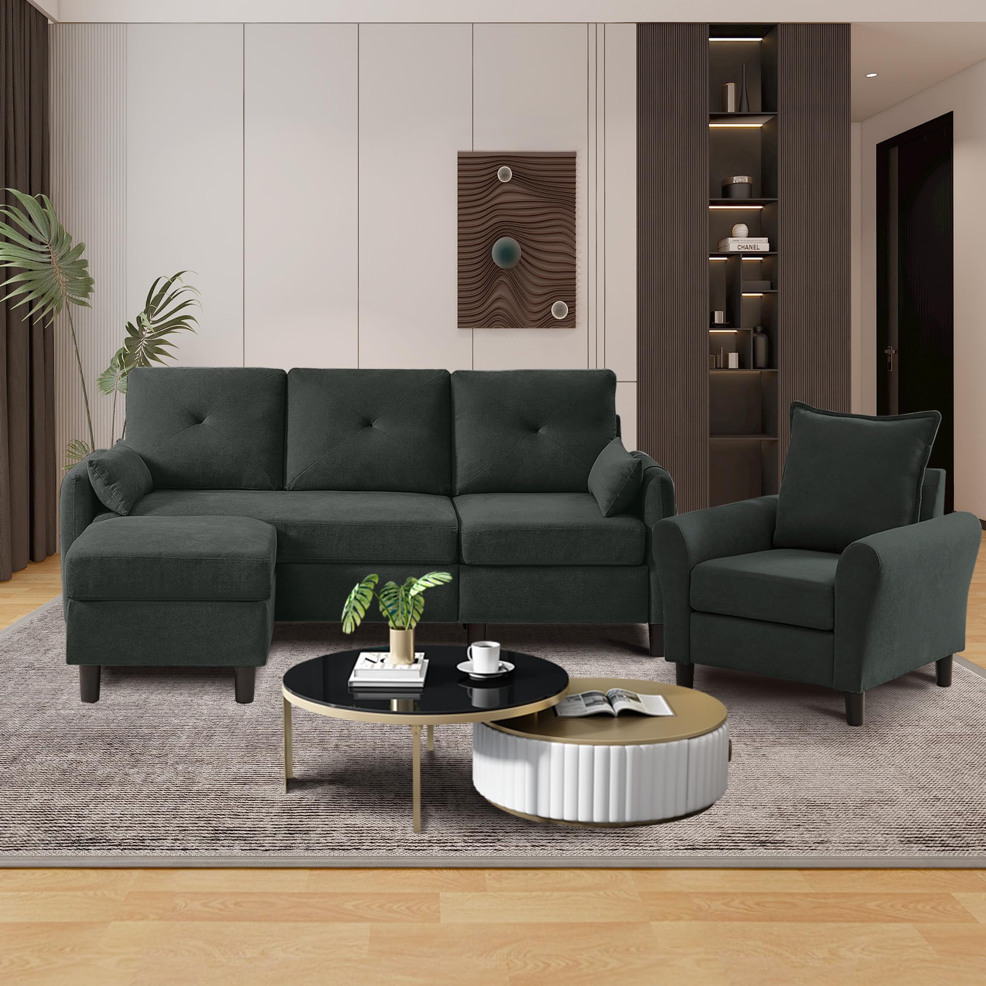 2 Piece Convertible Sectional Sofa Set for Living Room, 3-Seat L Shaped Couch with Ottoman Side Pocket Single Seat Accent Chair Polyester Fibre Black