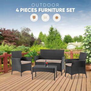 NChanmar Patio Furniture Set, 4 Pieces Outdoor Furniture Rattan Chair, Patio Table and Chairs Set, Wicker Sofa for Yard,Pool and Backyard, Black