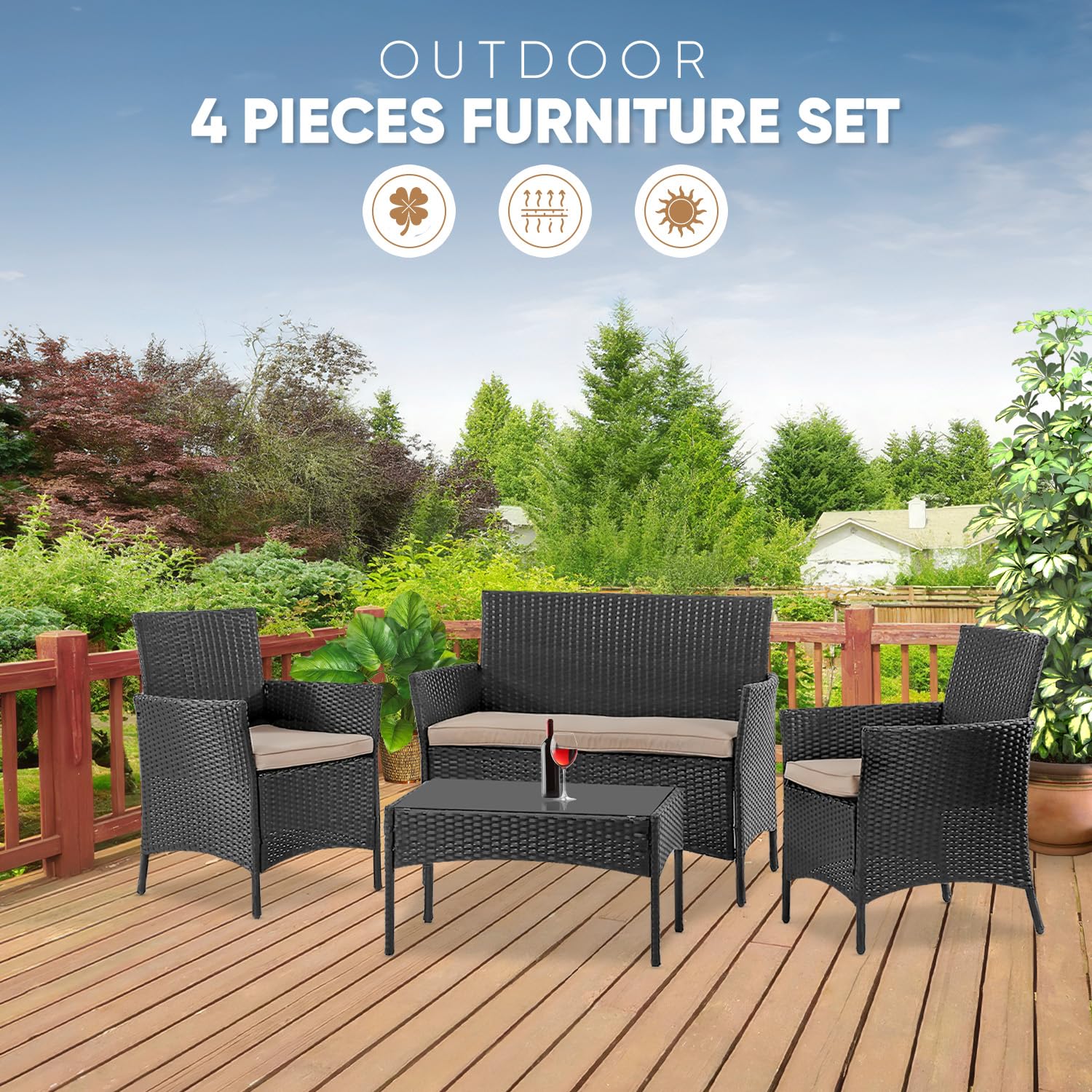 NChanmar Patio Furniture Set, 4 Pieces Outdoor Furniture Rattan Chair, Patio Table and Chairs Set, Wicker Sofa for Yard,Pool and Backyard, Black