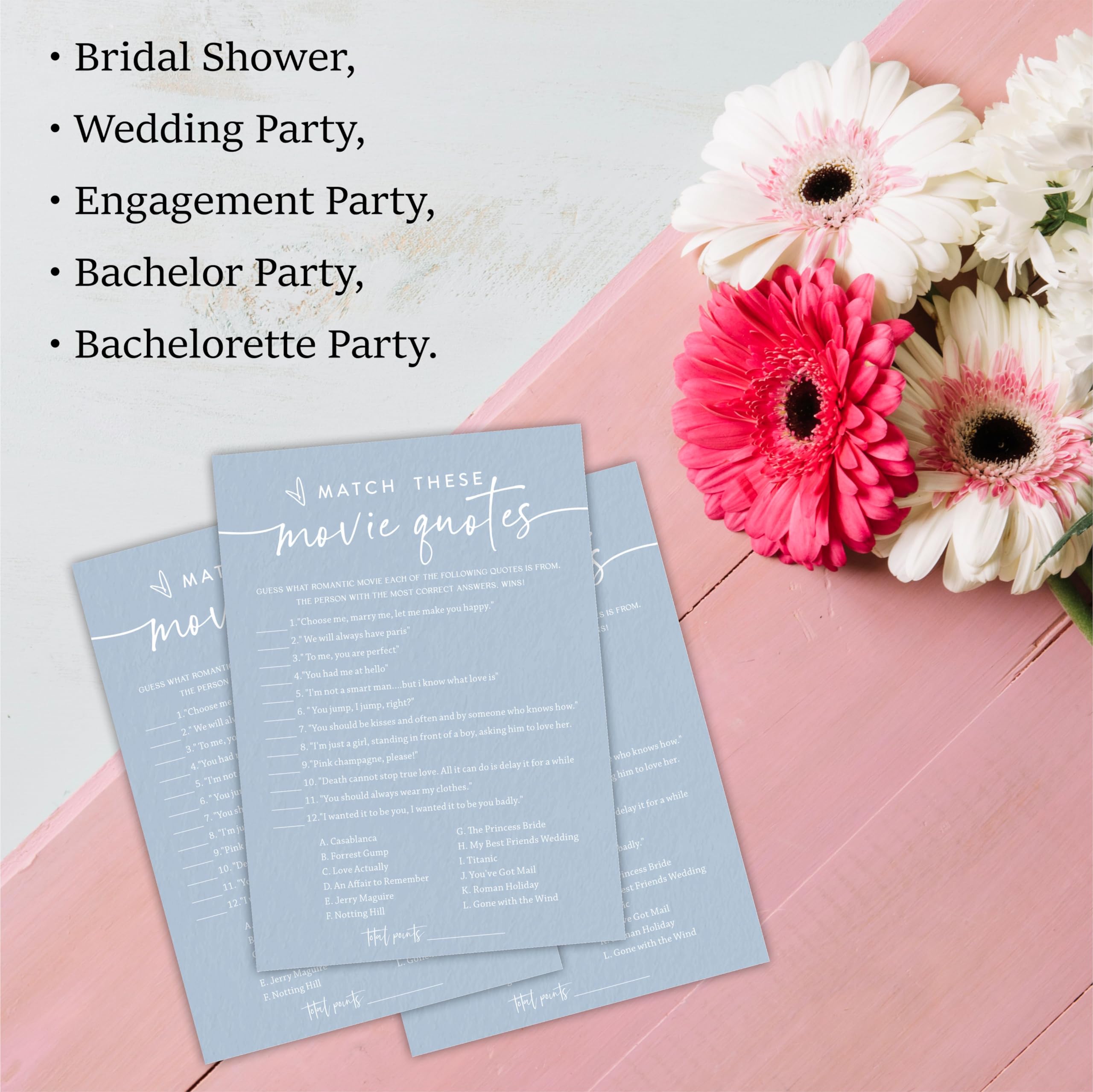 EXW Elegant Blue Bridal Shower Game Cards - Match These Movie Quotes - Engagement Party Cards, Newlyweds Party Decorations, Bridal Shower Game Supplies (30 Game Cards & 1 Answer Card) - A09