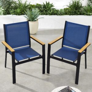 best choice products set of 2 stackable outdoor textilene chairs, all-weather conversation dining accent furniture w/armrests - black/navy