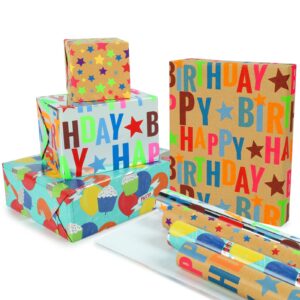 biobrown kraft birthday wrapping paper - 17 inch x 10 feet (4 rolls: 56.6 sq. ft. ttl.) cupcake & star design perfect for party, holiday, baby shower