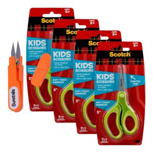 scotch school scissors 5" pointed tip scissors for kids with soft touch, child safety scissors | bundled with s embroidery scissors, ideal for school and craft projects [pack of 4]