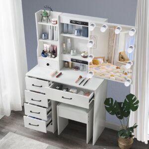 Makeup Vanity Desk with Mirror and Lights, White Vanity Table with Storage Drawers, Lighted Vanity Set with Chair/Stool, Girl's Dressing Table Makeup Desk Small, White Vanity 3056