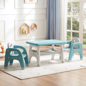 doreroom kids table and chair set, plastic children activity table with 2 chairs, toddler table and chair set for reading, drawing, snack time, arts crafts, preschool, gift for boys girls