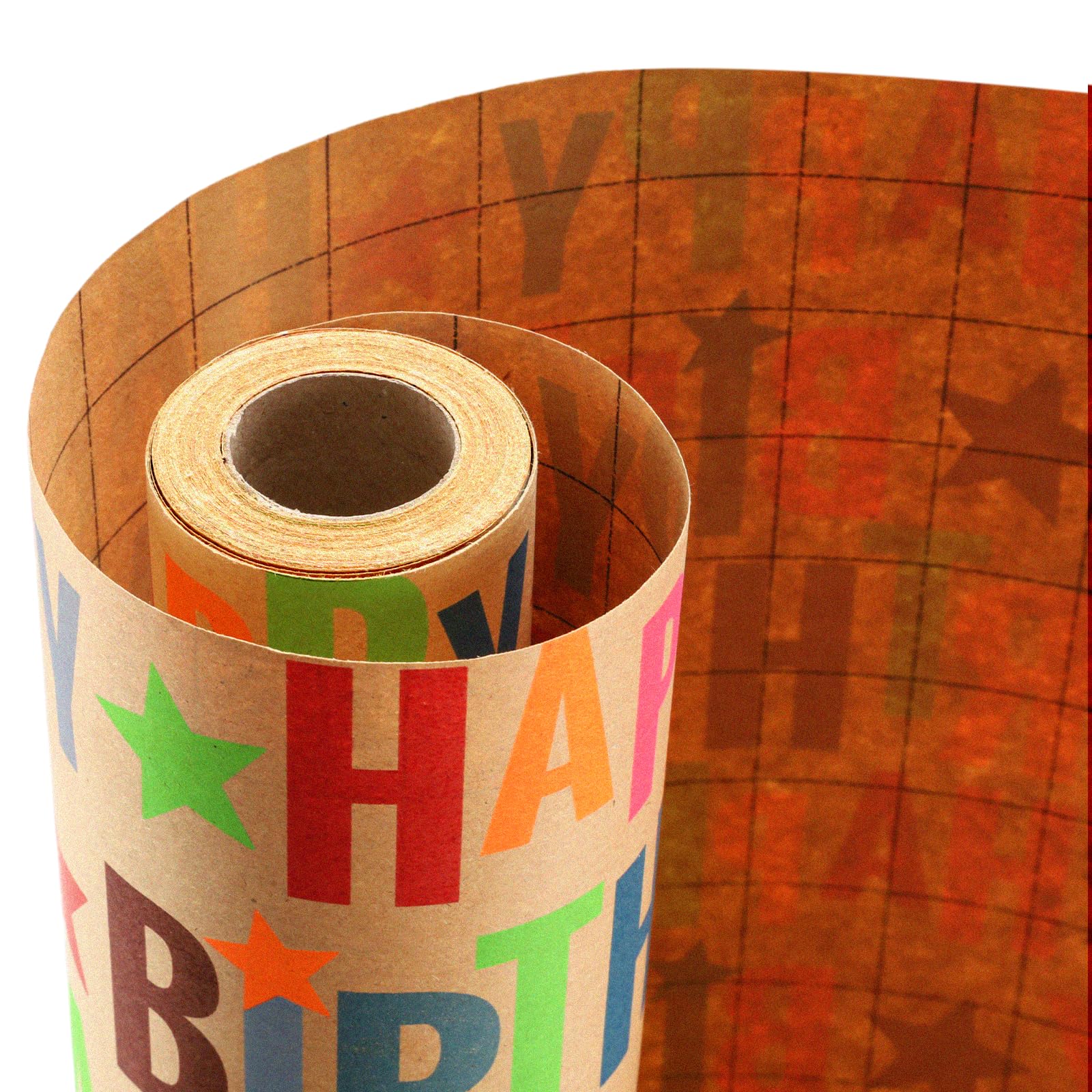 LaRibbons Birthday Wrapping Paper Roll for Kids, 30 Inch x 33 Feet (83 sq. ft. ttl.) Kraft Gift Wrap Paper with Colorful Text Happy Birthday Pattern for Baby Shower Holiday Party