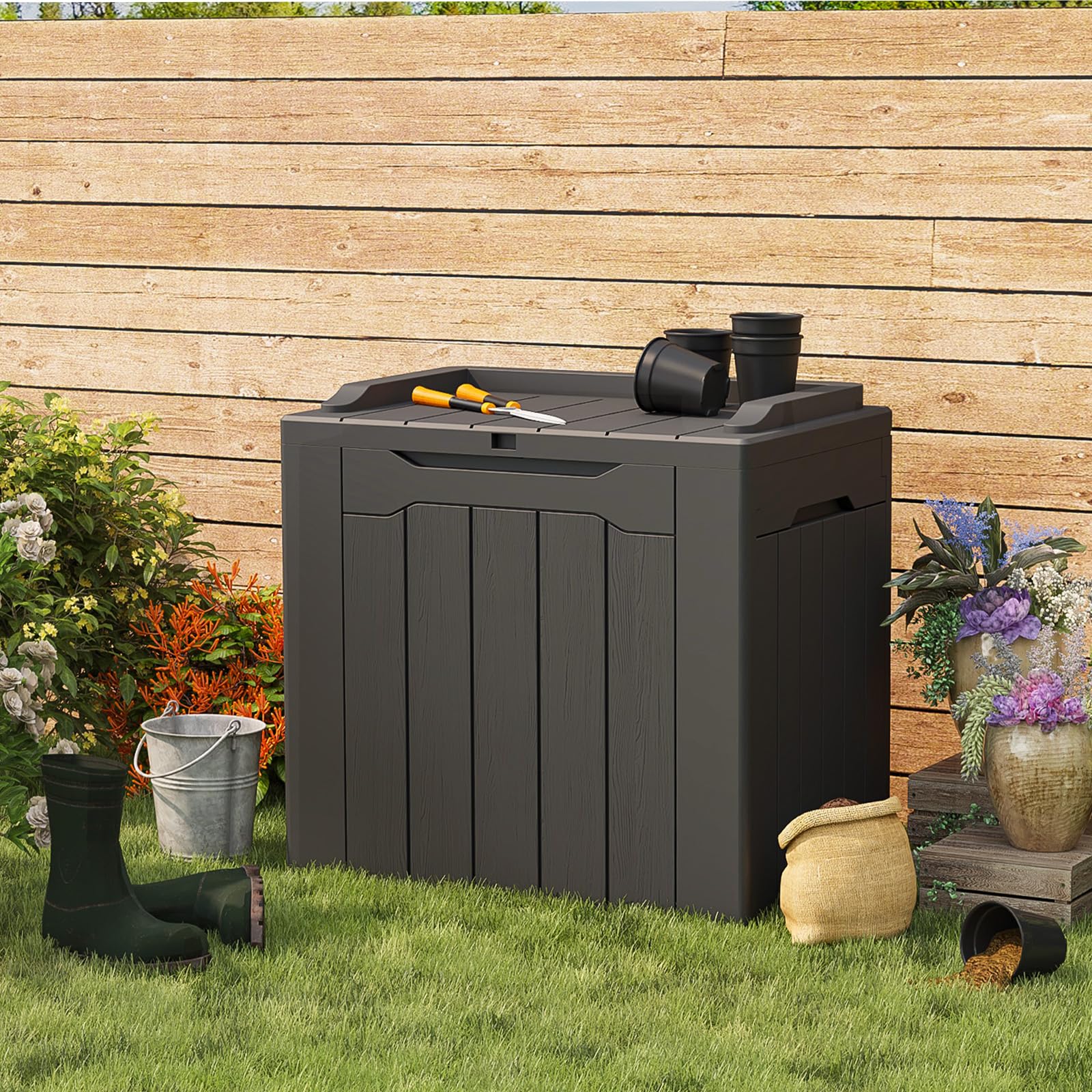 Patiolife 30 Gallon Resin Deck Box, Small Outdoor Storage for Garden Tools, Pool Supplies, Waterproof and Lockable, Black