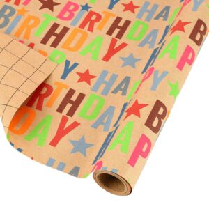 LaRibbons Birthday Wrapping Paper Roll for Kids, 30 Inch x 33 Feet (83 sq. ft. ttl.) Kraft Gift Wrap Paper with Colorful Text Happy Birthday Pattern for Baby Shower Holiday Party