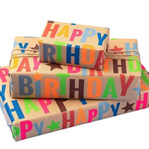 laribbons birthday wrapping paper roll for kids, 30 inch x 33 feet (83 sq. ft. ttl.) kraft gift wrap paper with colorful text happy birthday pattern for baby shower holiday party